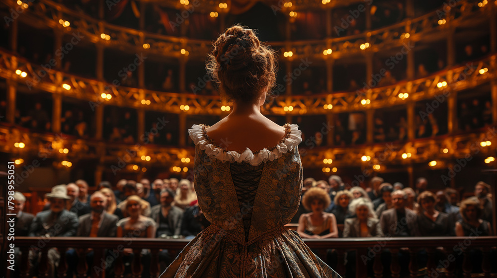 beautiful opera singer in elegant costume performing on stage in front ...