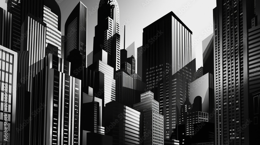 Classic Black and White Illustration of an iconic cityscape with sharp ...