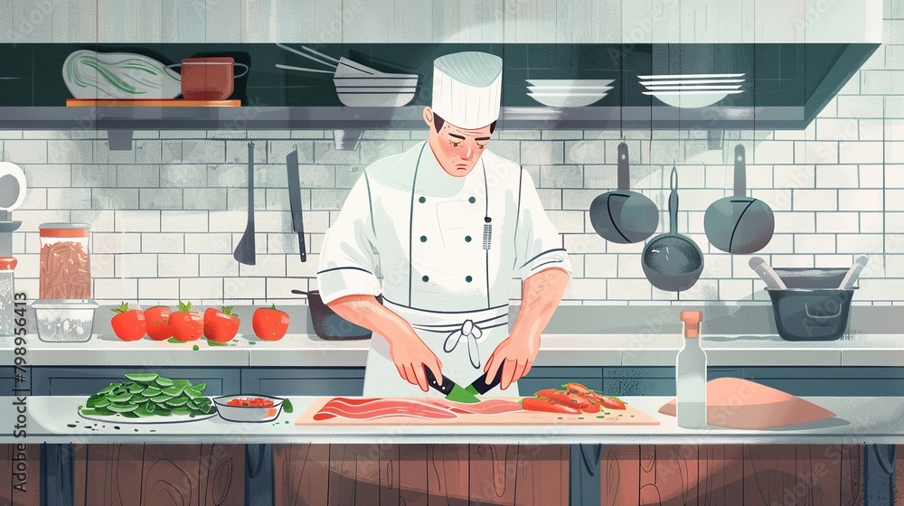 Food Preparation Illustration of a chef meticulously chopping ...