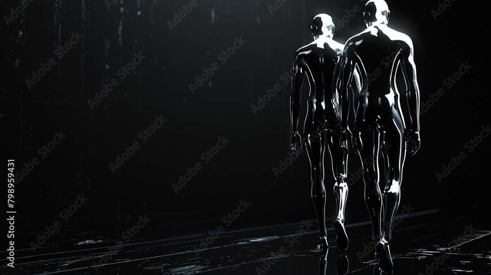 A row of black statues of people standing in a line. The statues are ...