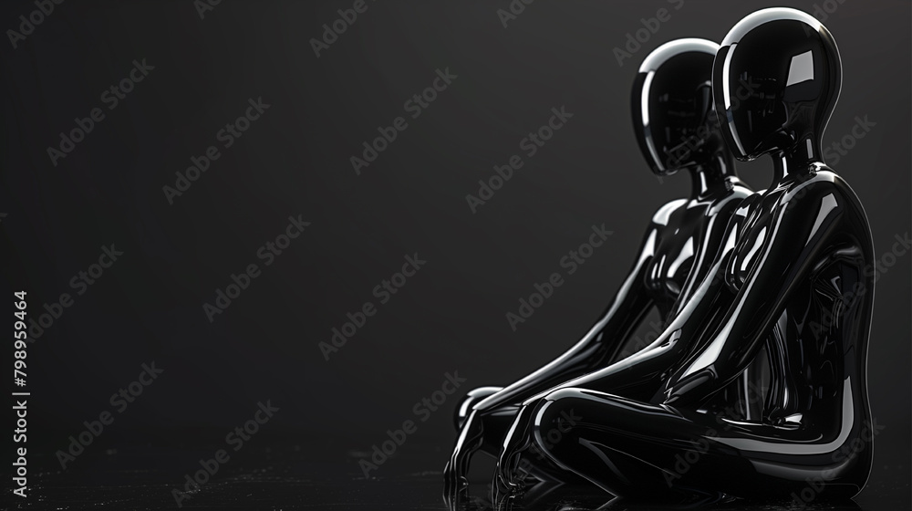 A row of black statues of people standing in a line. The statues are ...