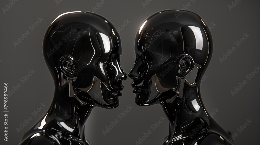 A row of black statues of people standing in a line. The statues are ...