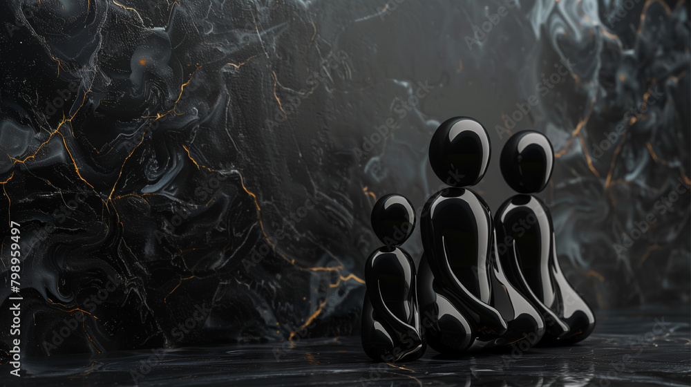 A row of black statues of people standing in a line. The statues are ...