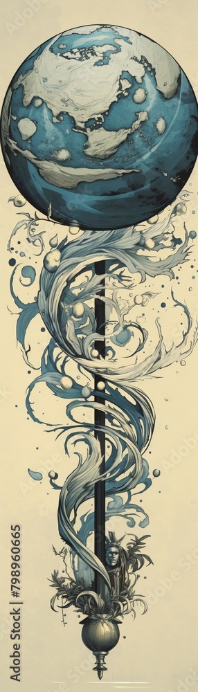 The image shows a glowing blue and green orb at the top of a silver ...