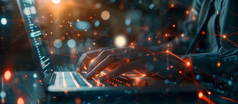 Abstract digital technology background with businessman typing on ...