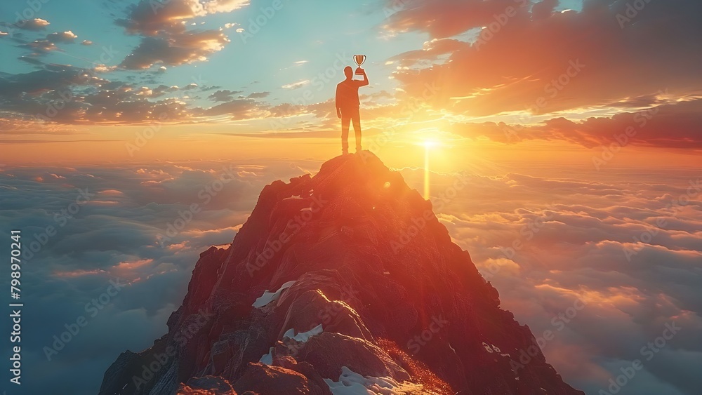 Achieving Success: Businessman Holding Trophy on Mountaintop in ...