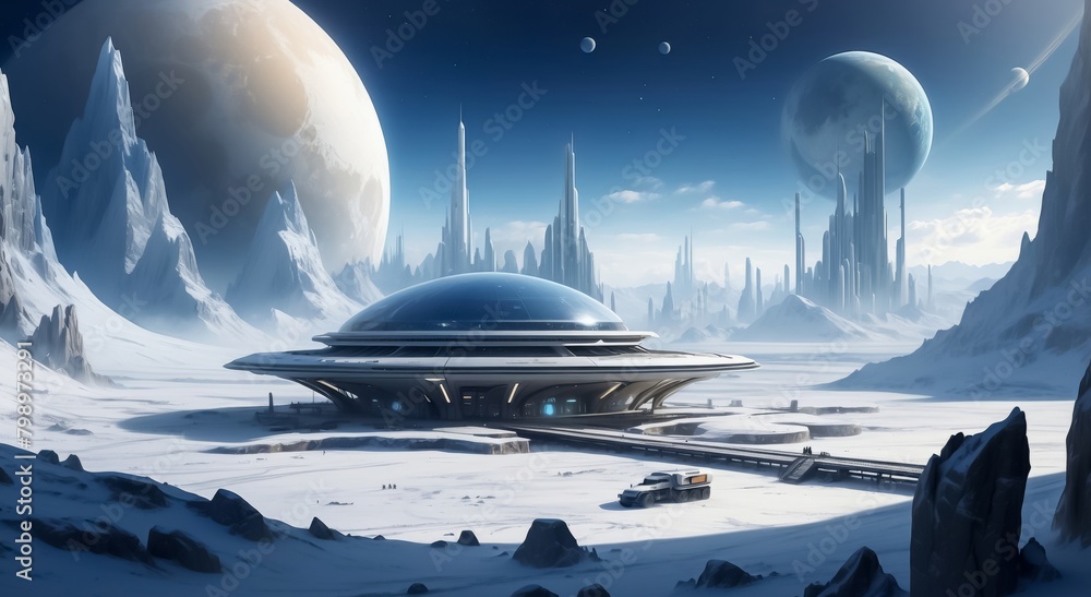 Colonization of Frozen Planet. Alien Landscape with Sustainable Energy ...