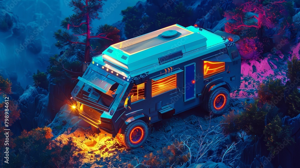 Capture the contrast of a sleek Futuristic Camper amidst rugged ...