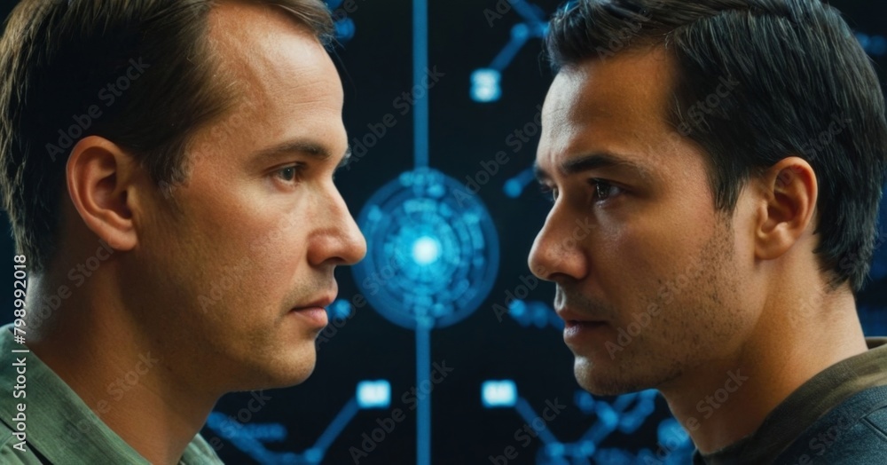 face-to-face of two man with circuit board big data and binary data ...