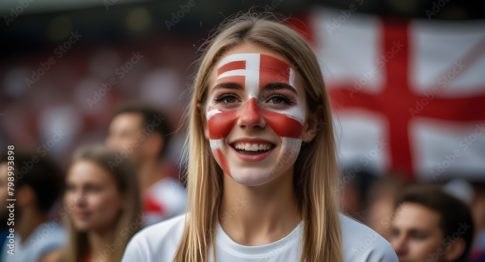 Happy ENGLAND woman supporter with face painted in ENGLAND flag ...