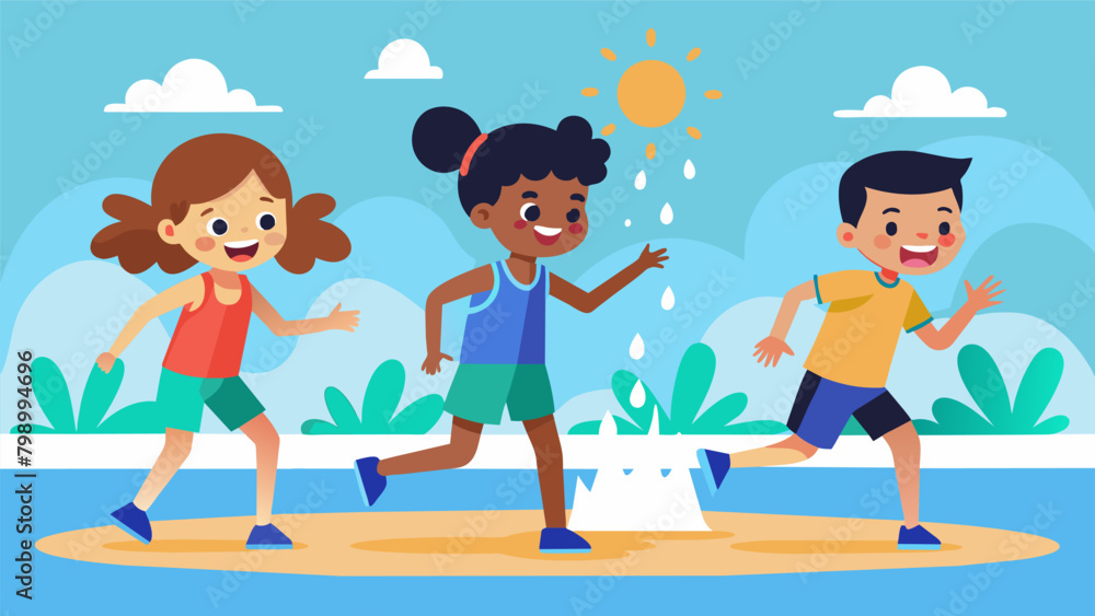 Children squeal with delight as they run through the interactive splash ...