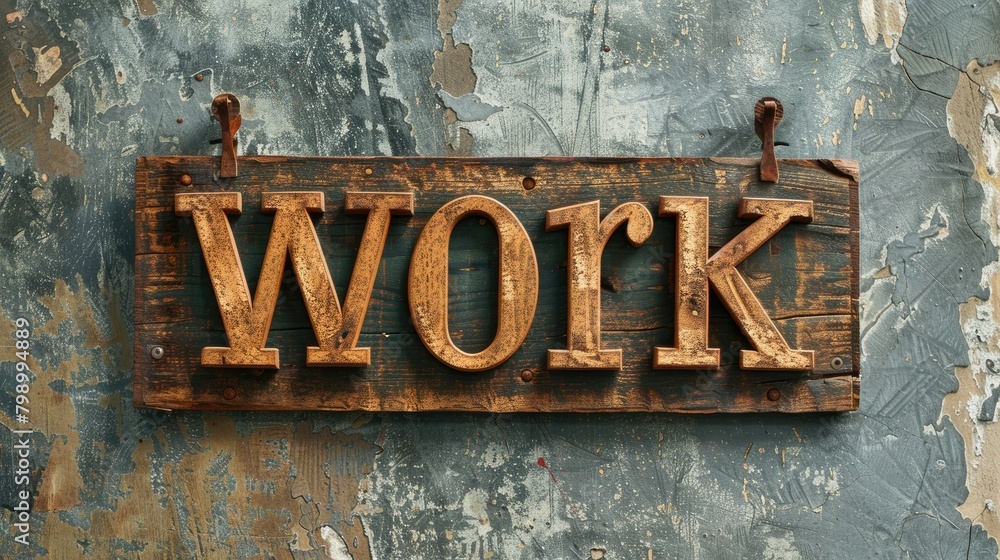The word work carved into wooden letters against a backdrop of soft ...