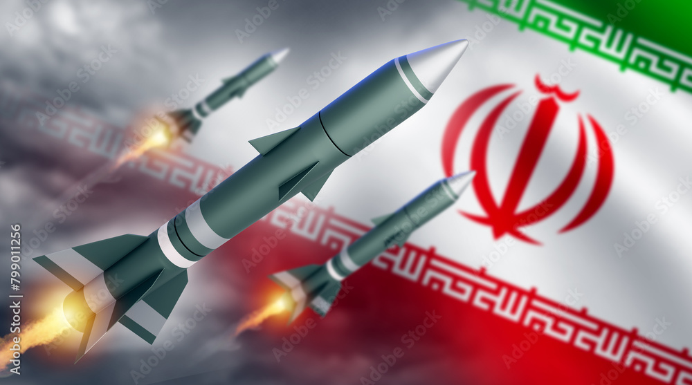 Rockets near Iranian flag. Ballistic missiles take off in sky. Iranian ...
