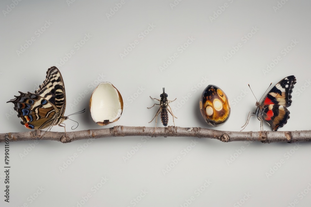 Create an image that represents: butterfly evolution phases, egg, larva ...