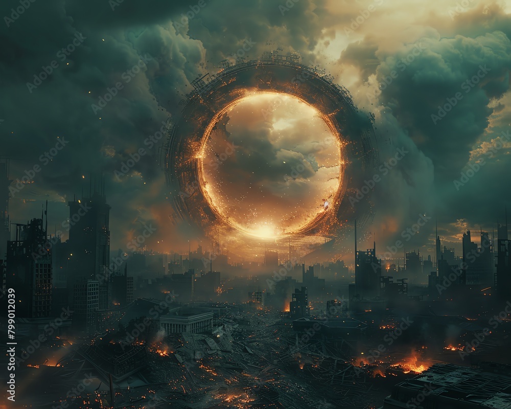 Craft a close-up view of an otherworldly portal amidst a desolate ...