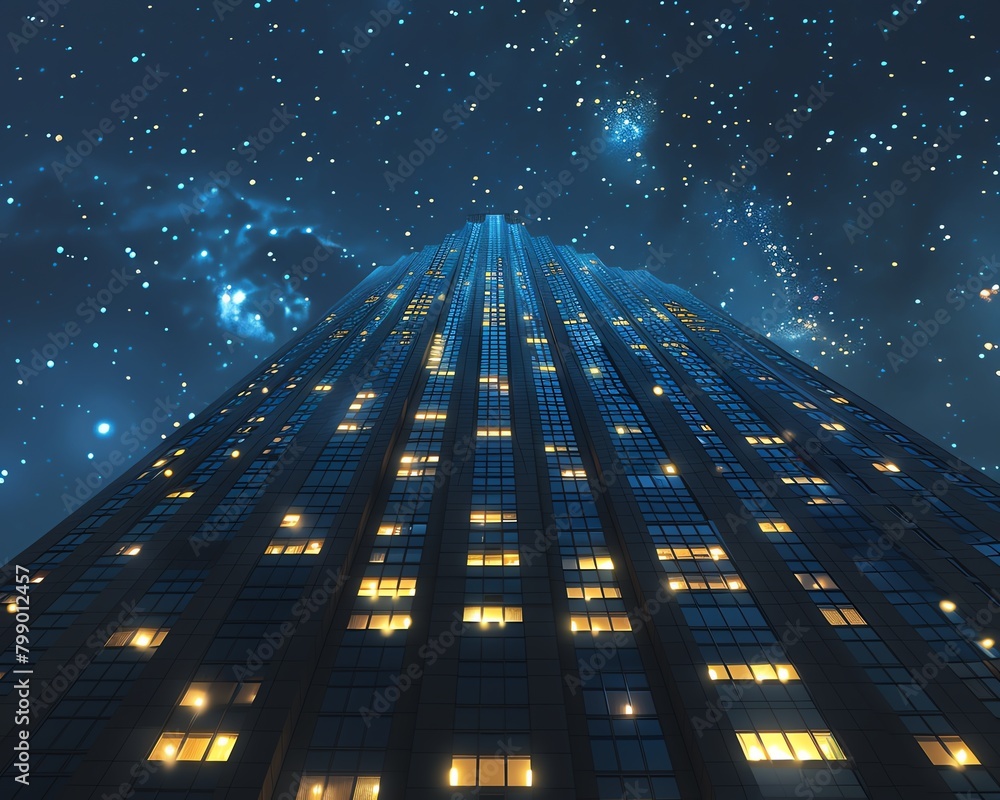 Illuminate a towering skyscraper against a starry night sky ...