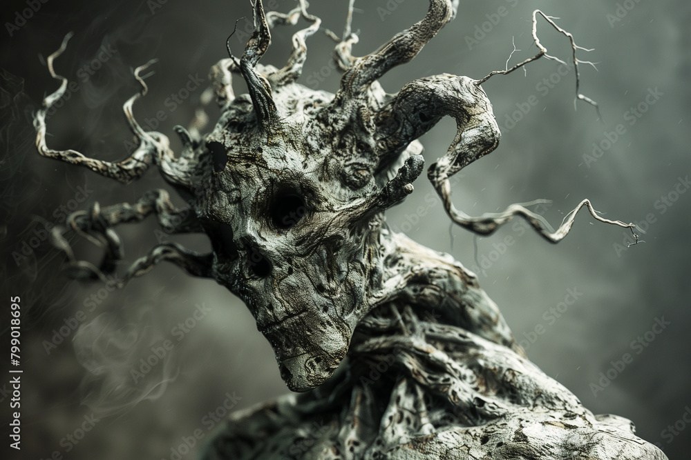 horror art of old and gnarly tree with a demons face, dark grey roots ...