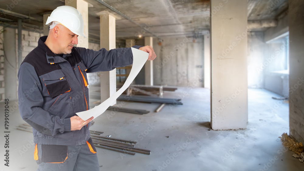 Man builder. Guy is engineer. Architect in building under construction ...