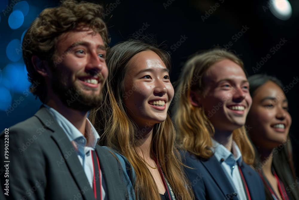corporate event competition winners standing on stage with awards ...