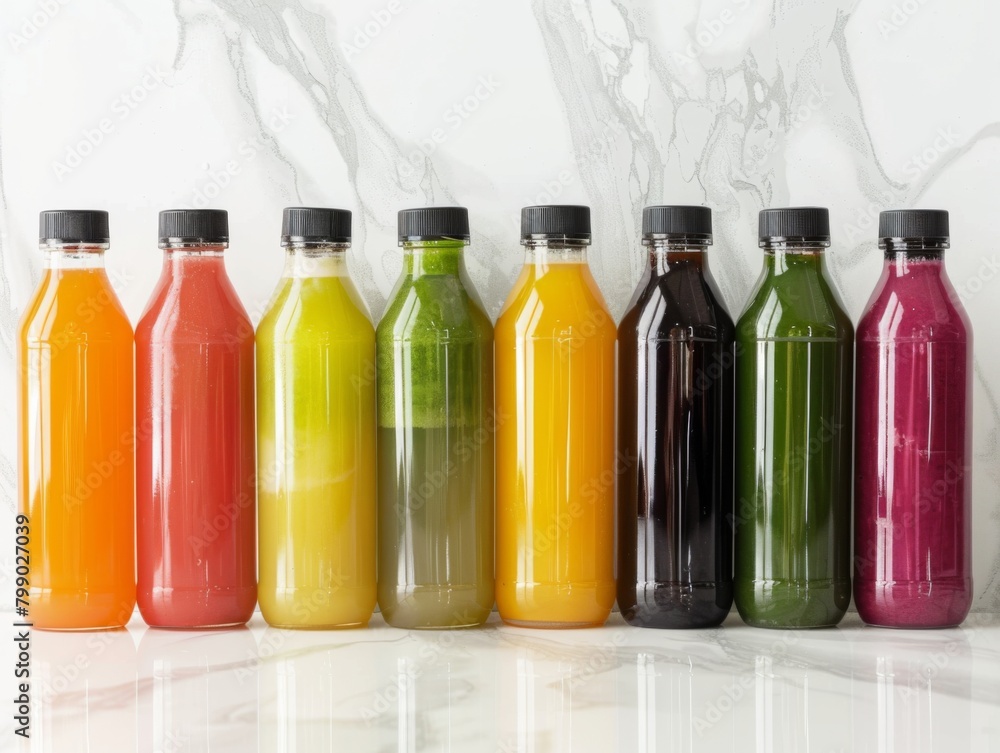 A spectrum of colorful juice bottles lined up against a marbled ...