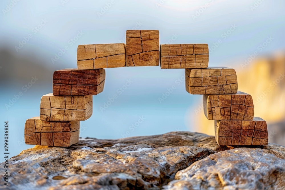 A bridge constructed from wooden blocks, each step representing a ...