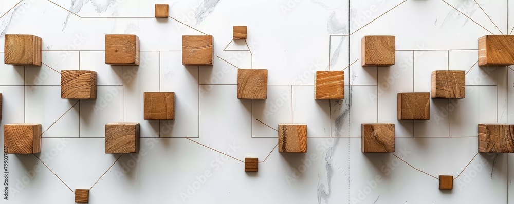 A flowchart created from interconnected wooden blocks, each block detailing a specific part of ...