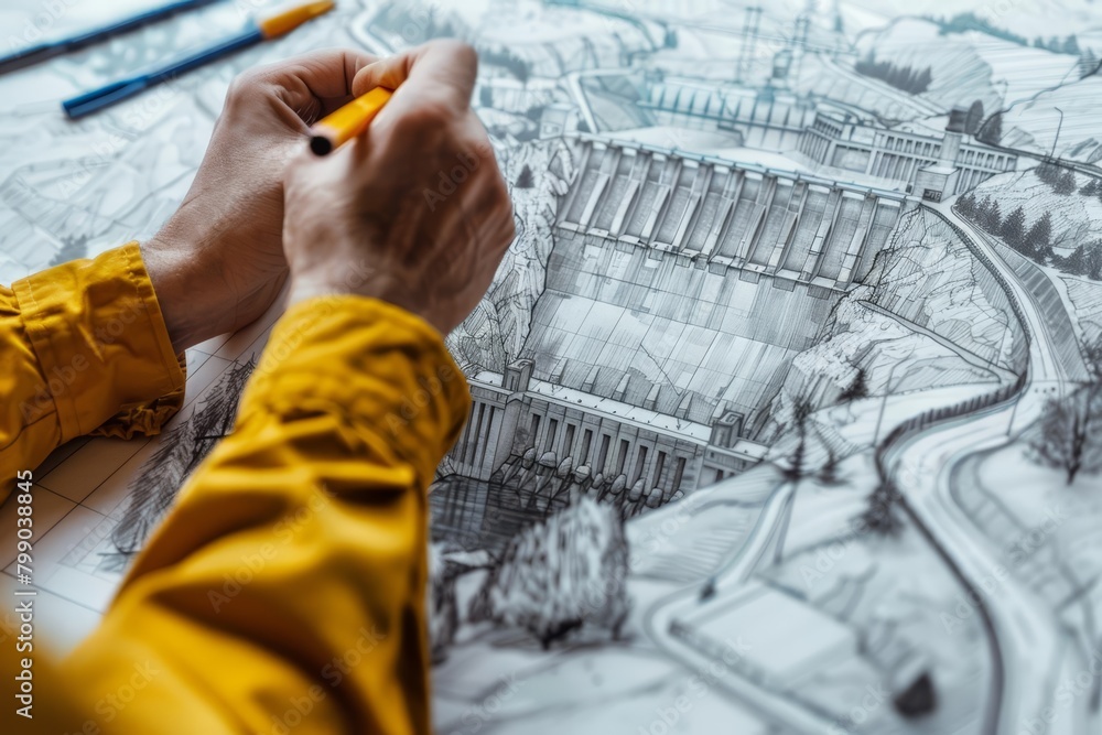 An engineer draws a detailed schematic of a hydroelectric dam ...