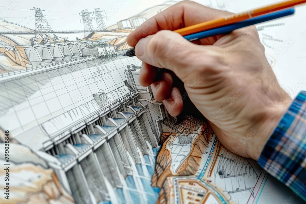 An engineer draws a detailed schematic of a hydroelectric dam ...