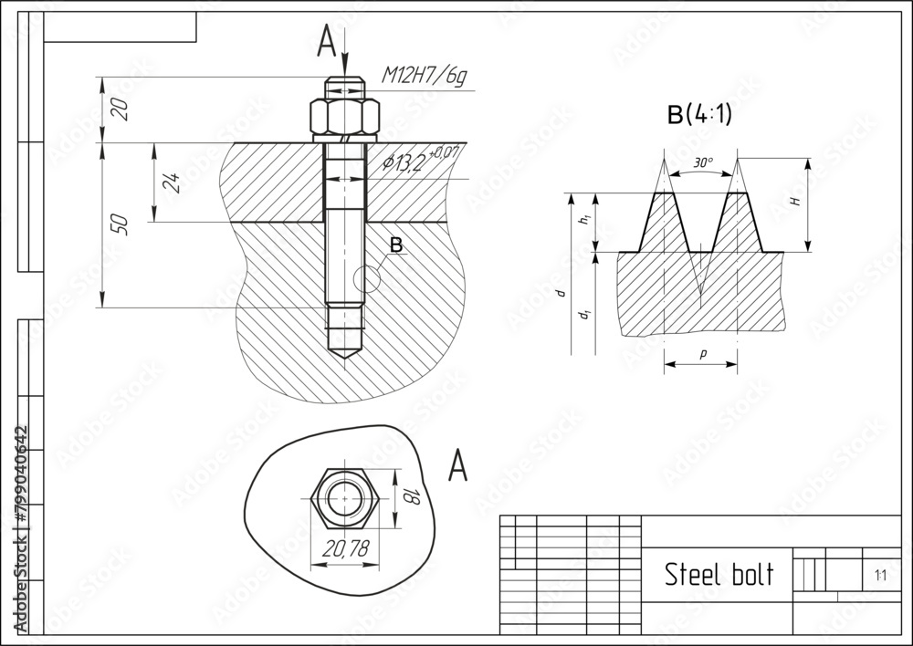 Vector engineering cad drawing of mechanical part (steel bolt) with ...