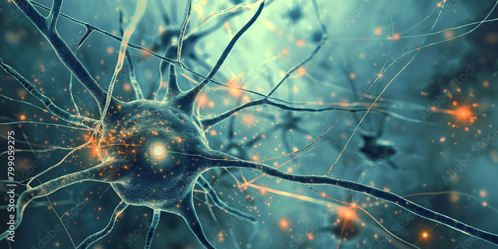 Neuron cells with glowing synapses. 3D illustration of a biological ...