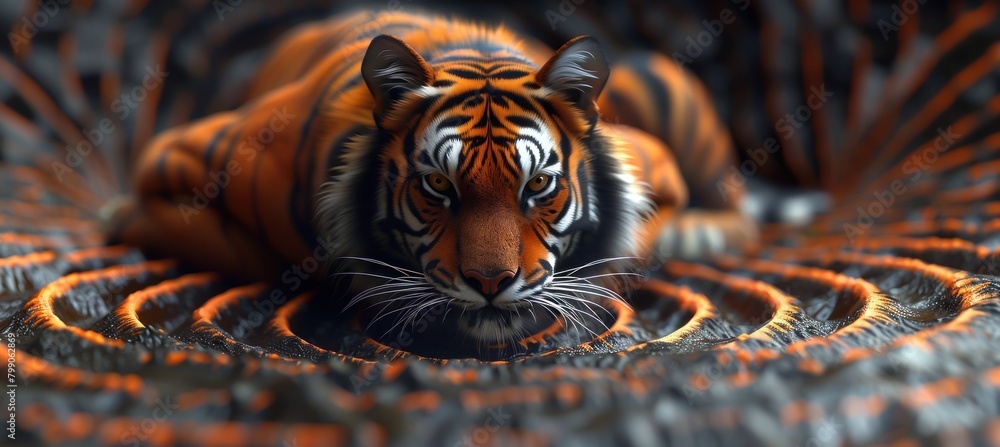 Tigre allongé sur un sol avec des courbes, illustration dans le style ...