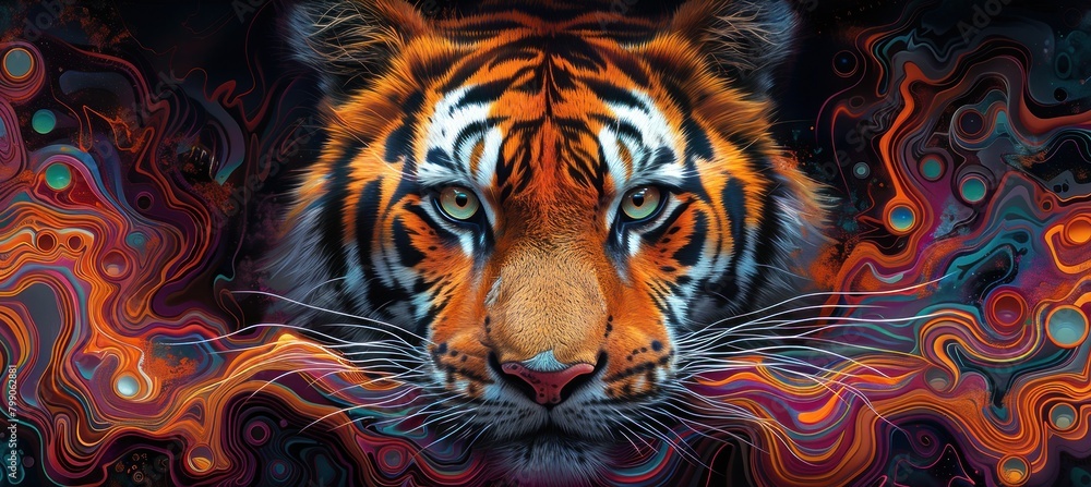 Tigre allongé sur un sol avec des courbes, illustration dans le style ...