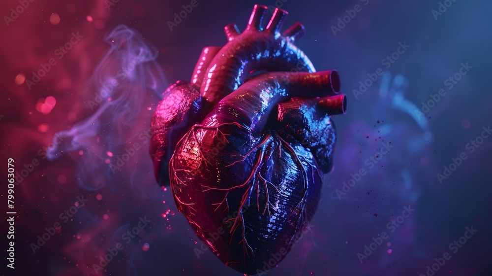 A detailed 3D illustration of a human heart beating rhythmically ...