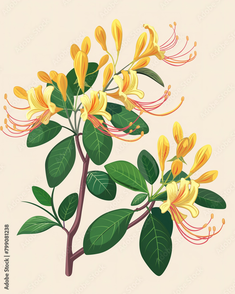vector illustration of Honeysuckle flowers, with its yellow and orange ...