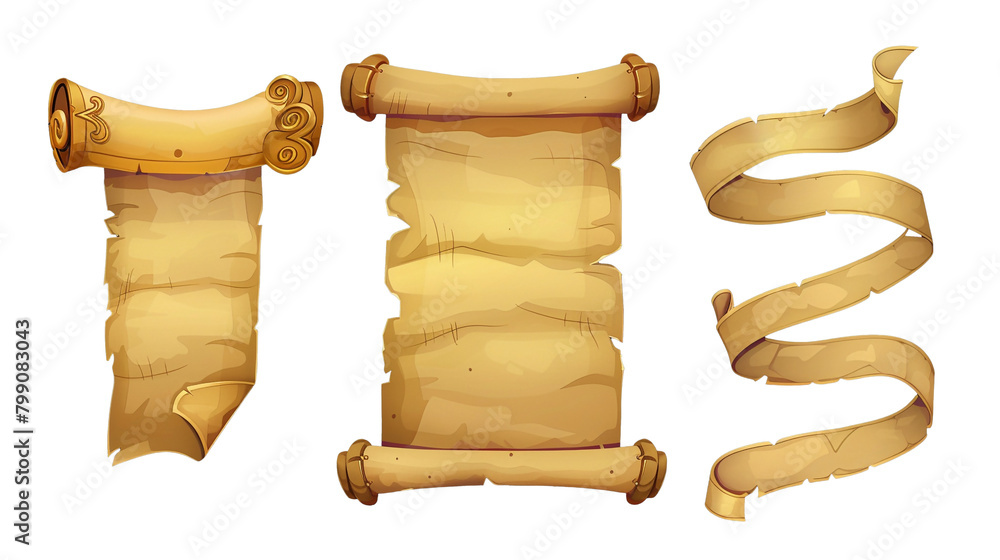 Parchment scroll and long ribbon with empty space for text. Magic game ui icons and assets of ...