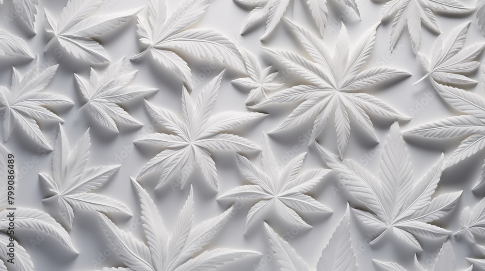 White cannabis leaves depicted graphically, serve as ornate and ...