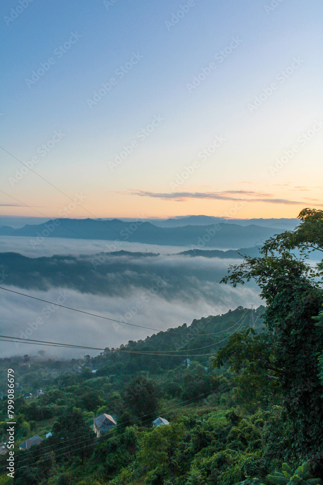 Scenic view in Himalaya. Sunrise view from the dense forest of tosh ...