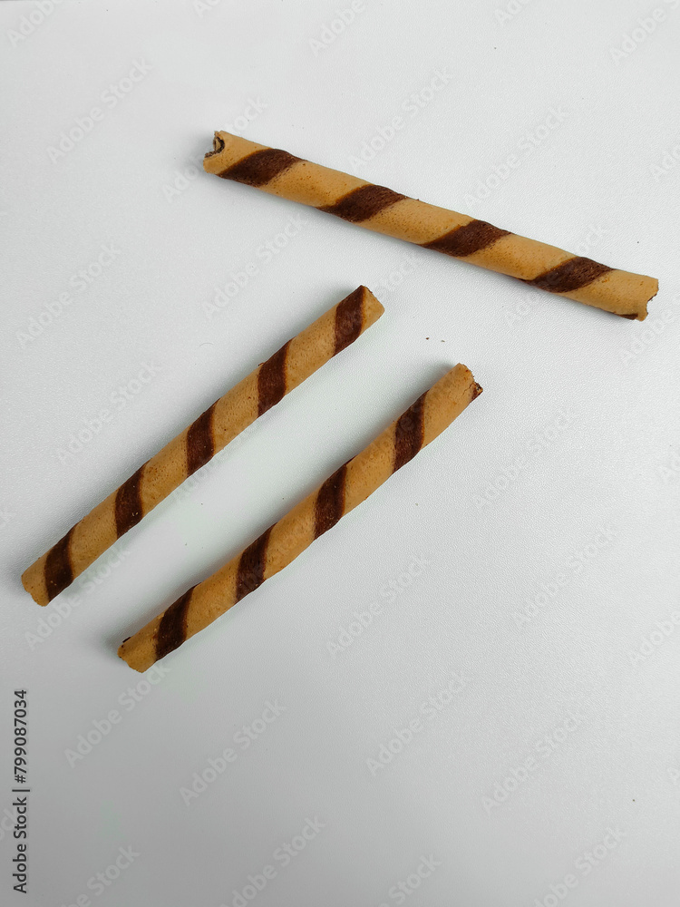 Crispy chocolate cream filled wafer roll sticks isolated on white ...