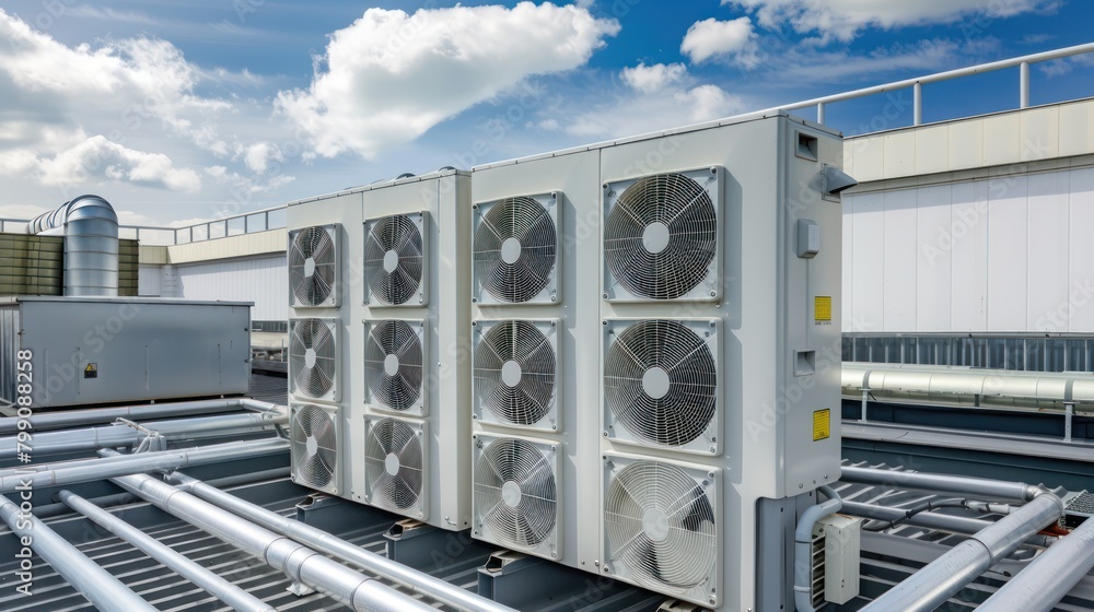 Industrial air conditioner compressor units installed on the roof of a ...