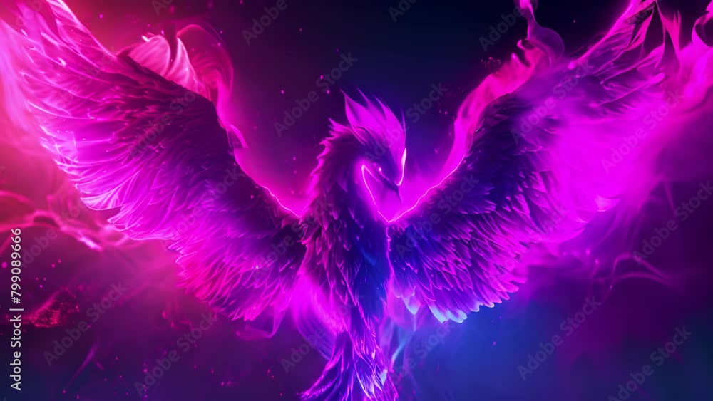 Neon phoenix embodies a mythological deity, rising from ashes in a ...