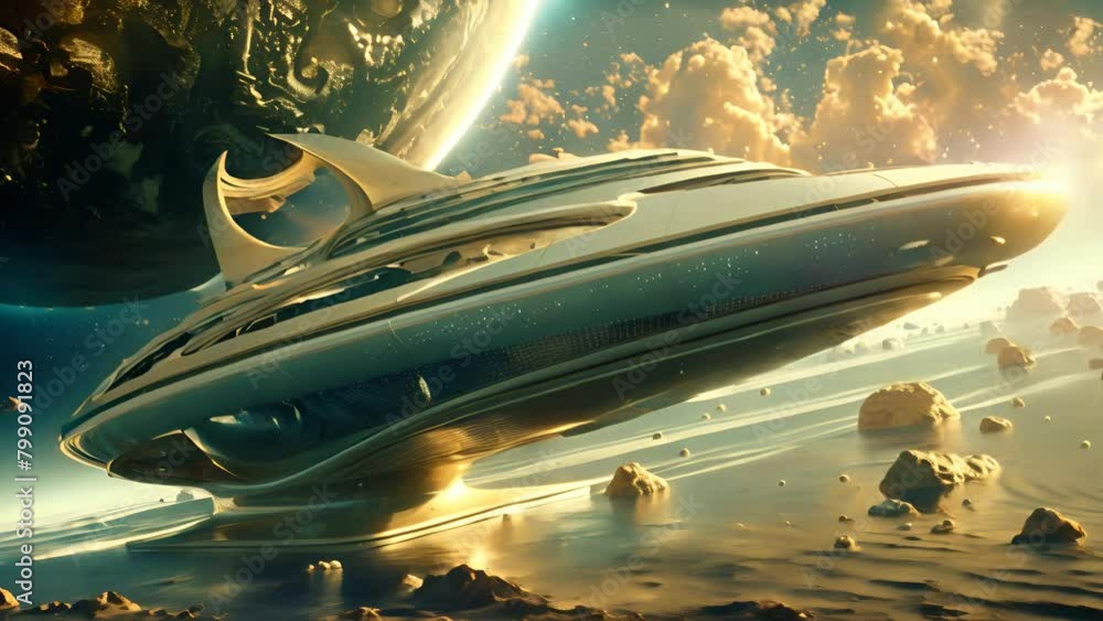 A spaceship is floating in space with a planet in the background. The ...