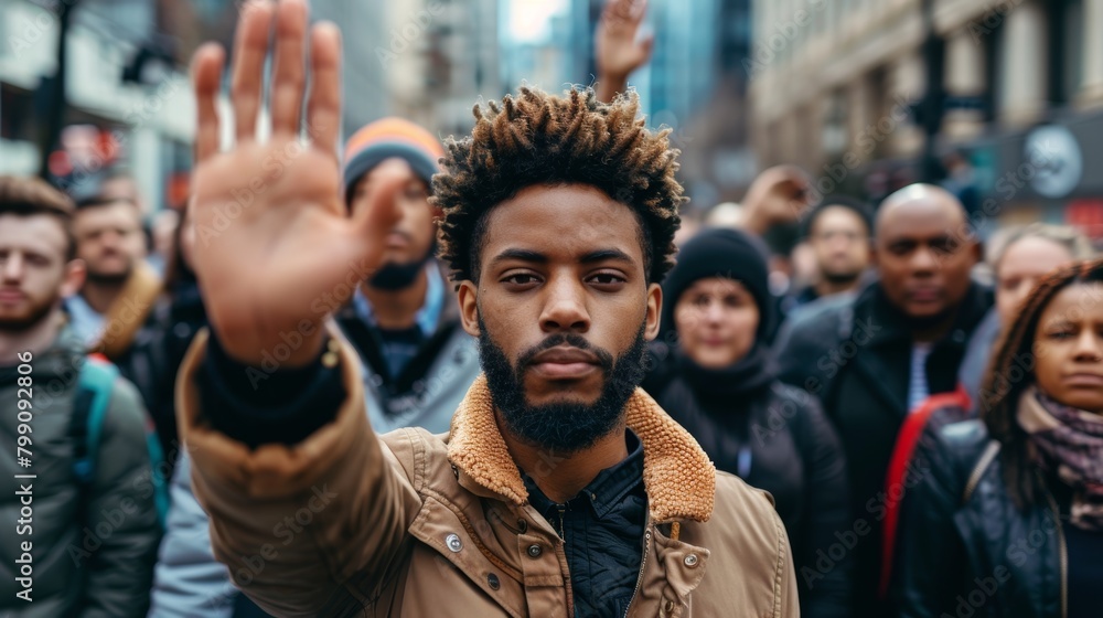 Protest, hand, and stop with a black man for human rights and equality ...