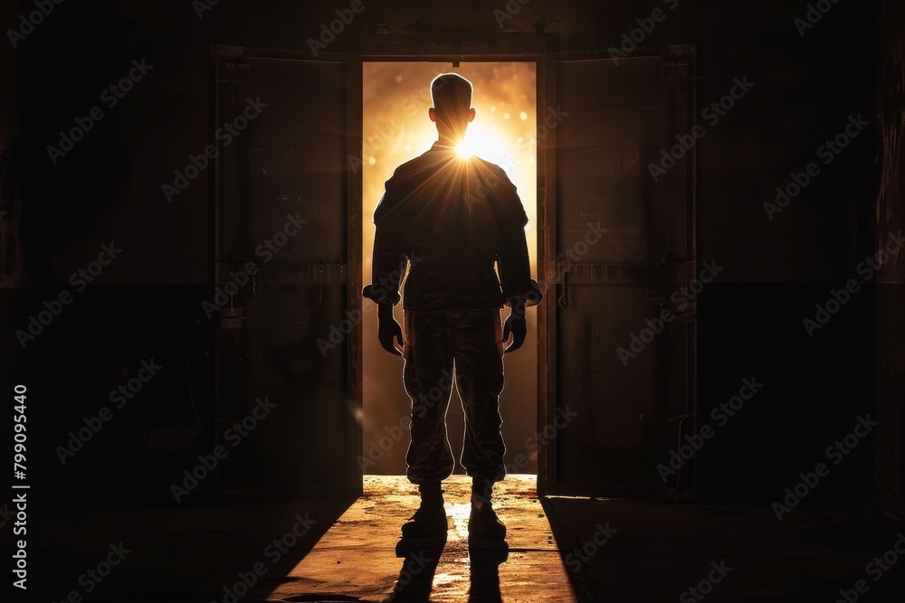 Camouflaged military, door, and man leaving house for army duty and ...