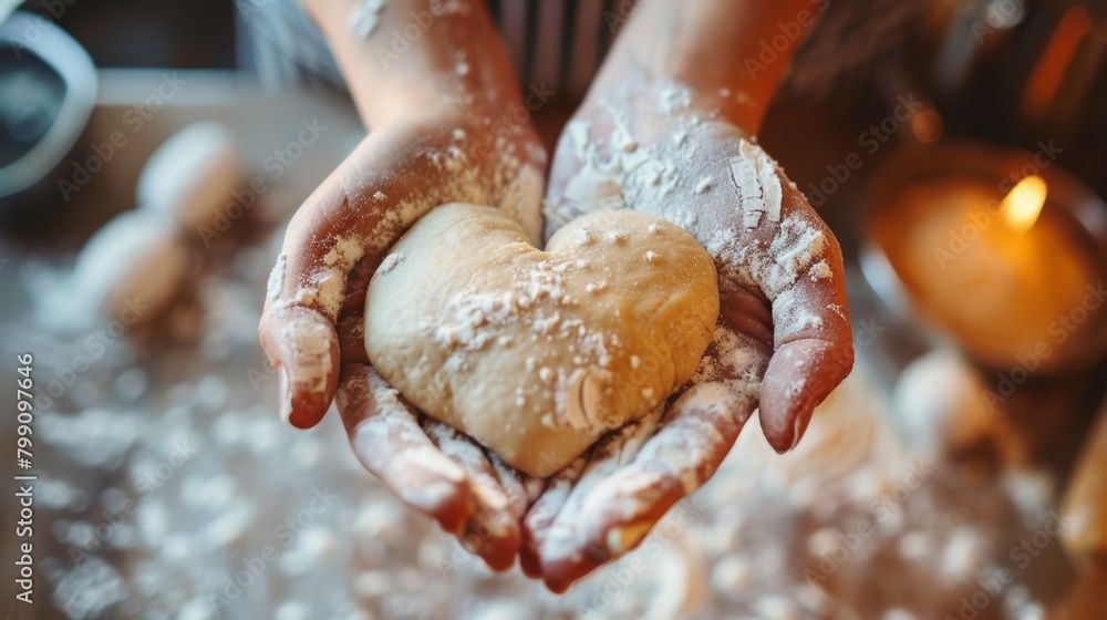 Hands, baking, and heart with mother, child, and daughter learning or ...