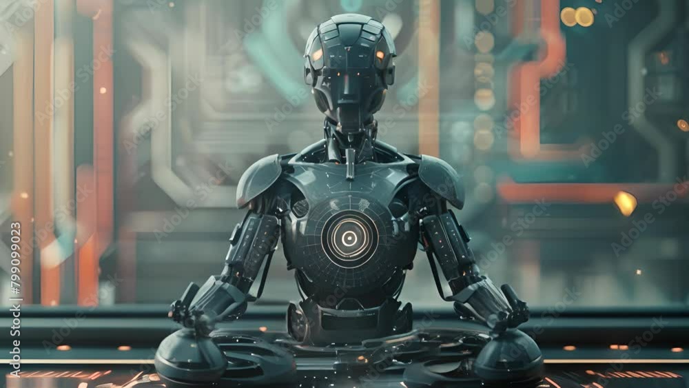 A robot is sitting in a room with a lot of wires and sparks. The robot ...