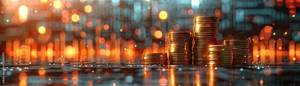 Gold coins and bullion with upward arrows, on a backdrop of glowing ...
