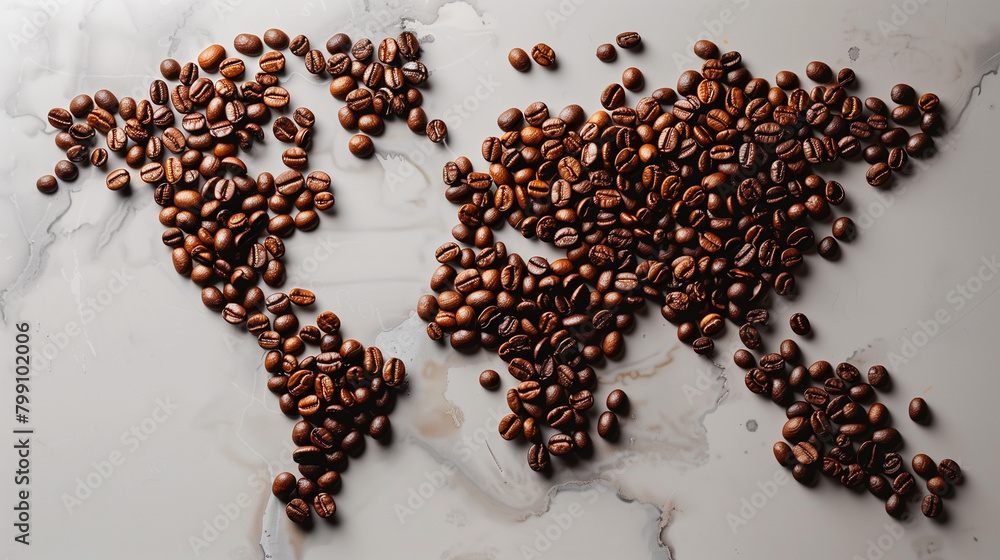 Global Coffee Culture Concept with Beans Forming World Map on a Marble ...