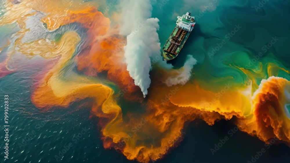 Oil spill from ship polluting water surface endangering environment ...