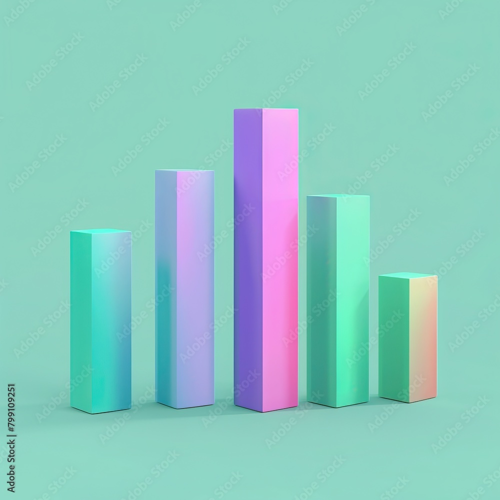 A 3D rendering of a bar graph with five bars in pastel colors on a ...