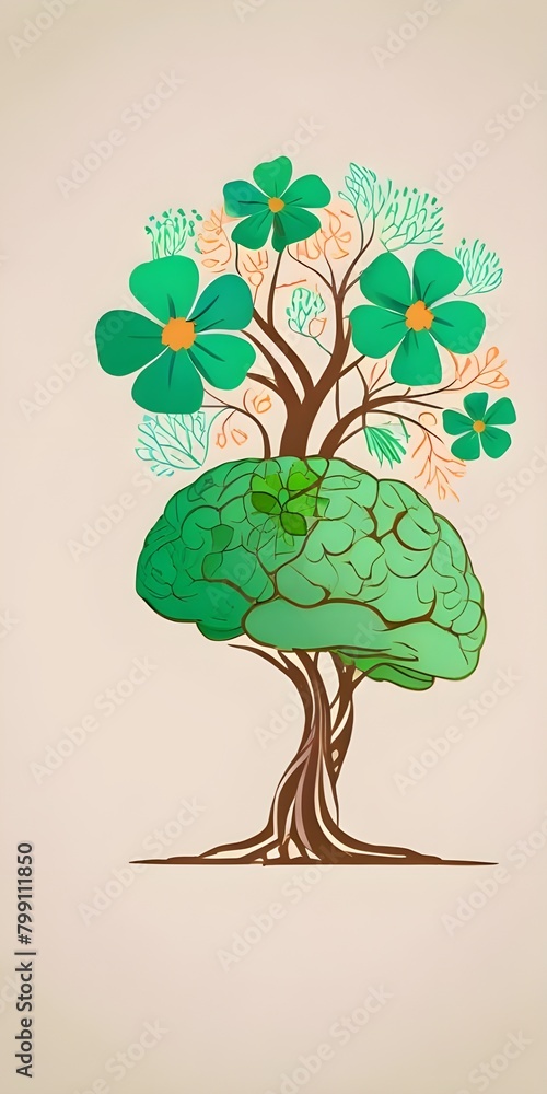Brain-shaped tree with green and blue leaves and flowers. The seedlings ...